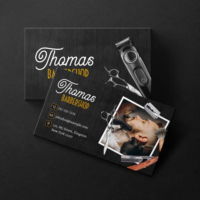 Black Wood Barber Shop Photo Scissor Hair Clipper Business Card | Zazzle