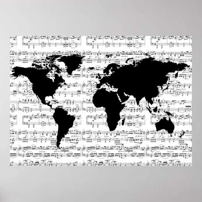 black world map with musical notes poster | Zazzle
