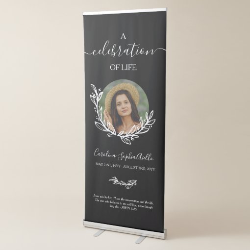 Black Wreath Photo Celebration of Life Funeral Retractable Banner | Zazzle