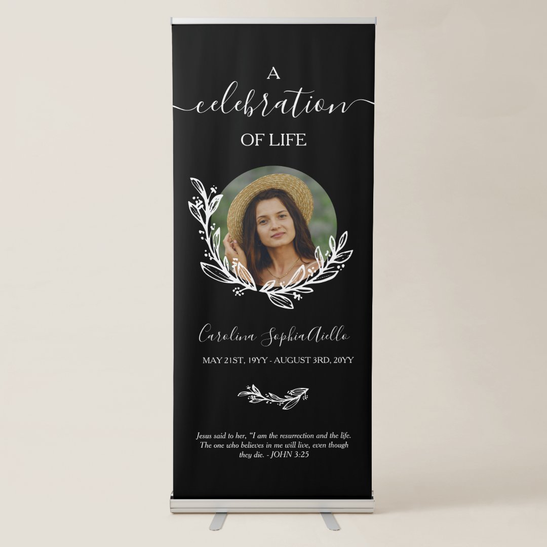 Black Wreath Photo Celebration of Life Funeral Retractable Banner | Zazzle