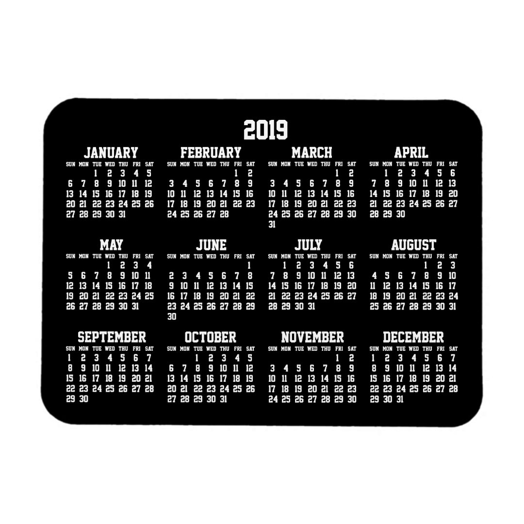 Black Yearly Calendar 2019 Small Flexible Magnets | Zazzle