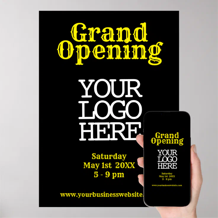 Black Yellow Grand Opening | Add Your Logo Window Poster | Zazzle