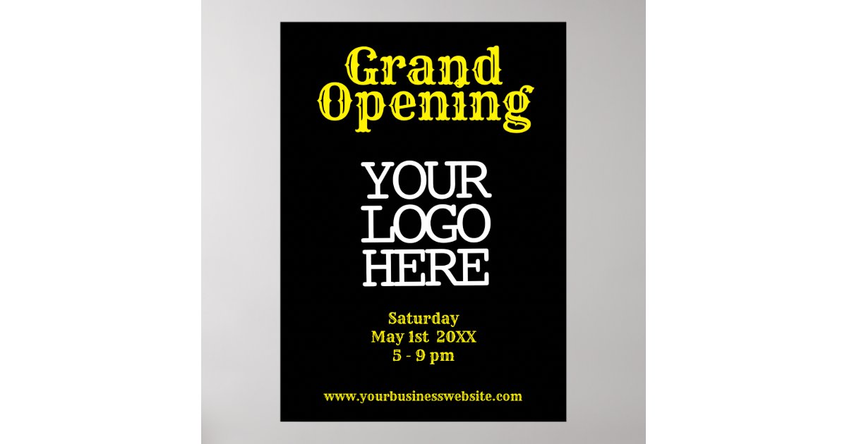 Black Yellow Grand Opening | Add Your Logo Window Poster | Zazzle