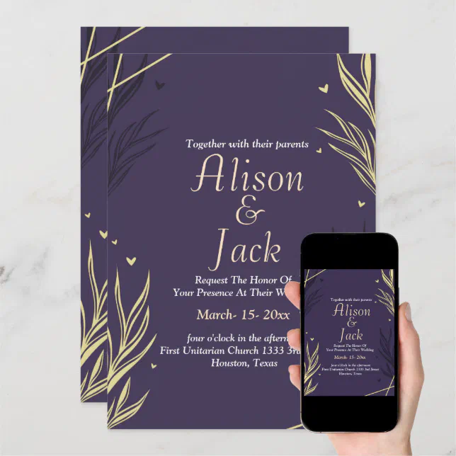 Black & yellow leave wedding invitation | Zazzle