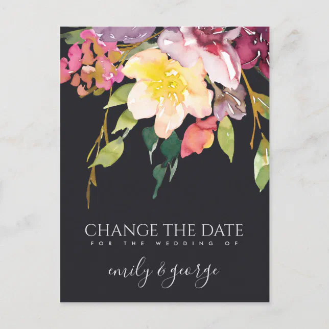 BLACK YELLOW PINK FLORAL WEDDING CHANGE THE DATE ANNOUNCEMENT POSTCARD ...