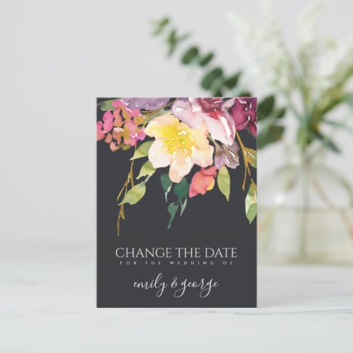 BLACK YELLOW PINK FLORAL WEDDING CHANGE THE DATE ANNOUNCEMENT POSTCARD ...