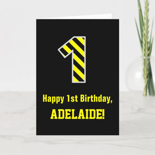 Black & Yellow Striped "1"; 1st Birthday + Name Card | Zazzle