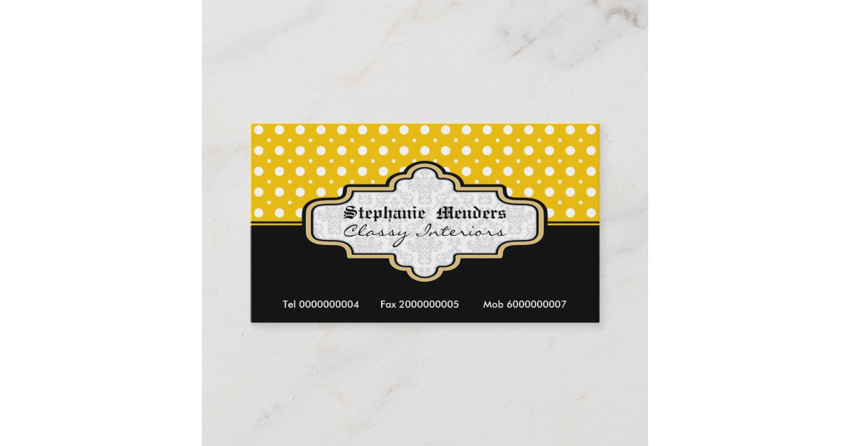 Black yellow white polka dot interiors business card | Zazzle