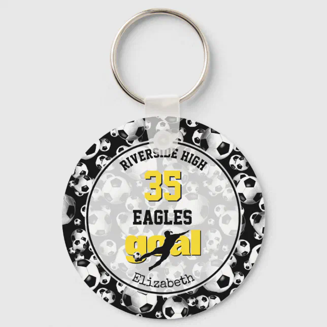 black yellow white school team spirit girls soccer keychain | Zazzle
