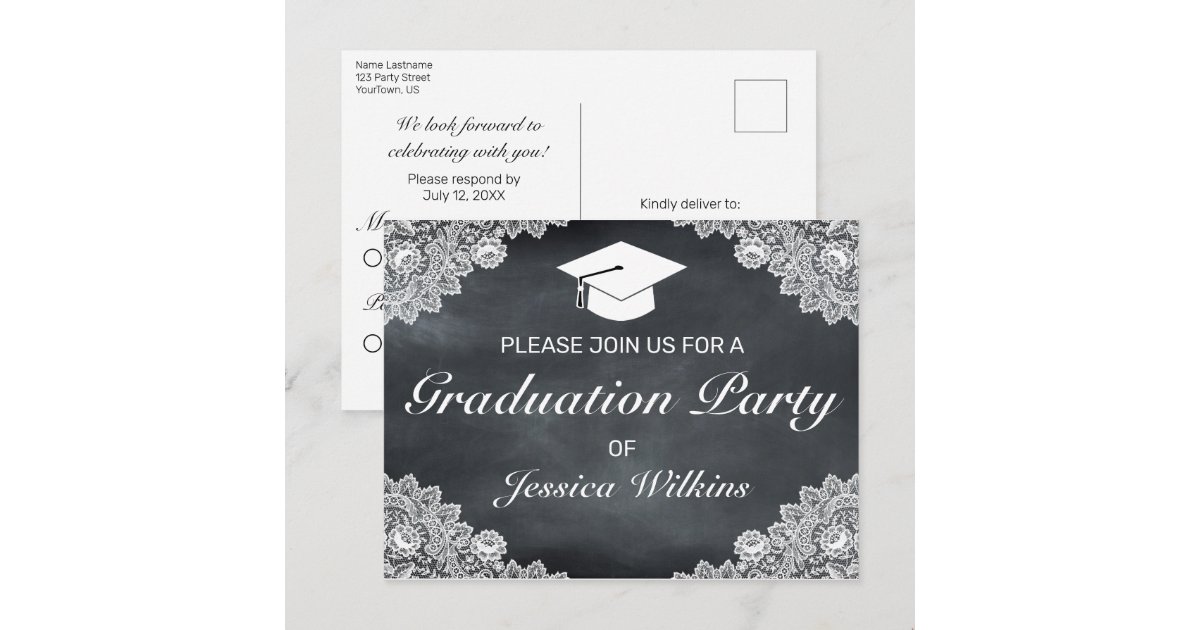 Blackboard & White Lace Graduation RSVP Invitation Postcard | Zazzle