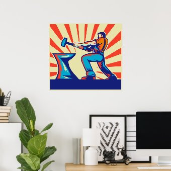 Blacksmith worker with hammer and anvil poster | Zazzle