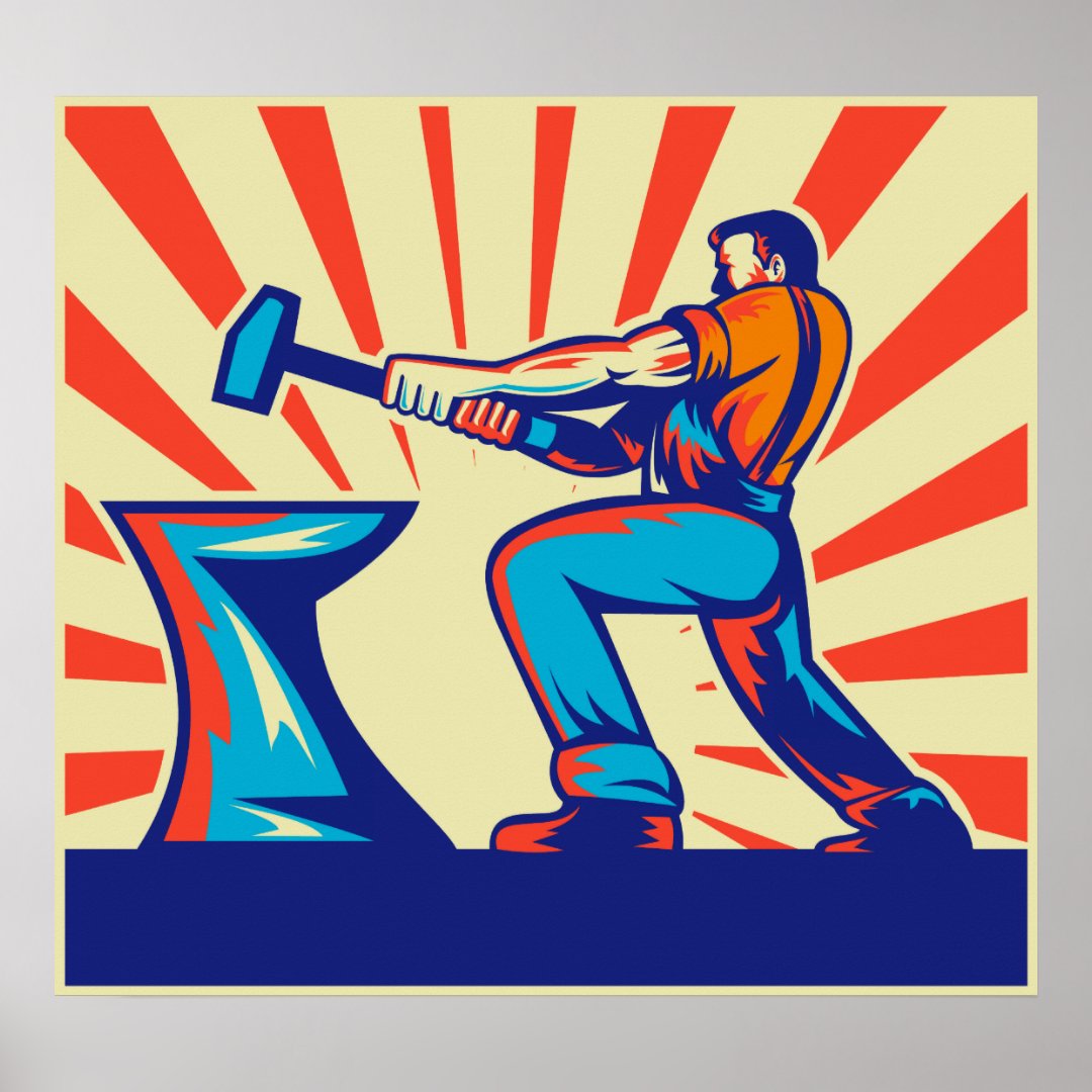 Blacksmith worker with hammer and anvil poster | Zazzle
