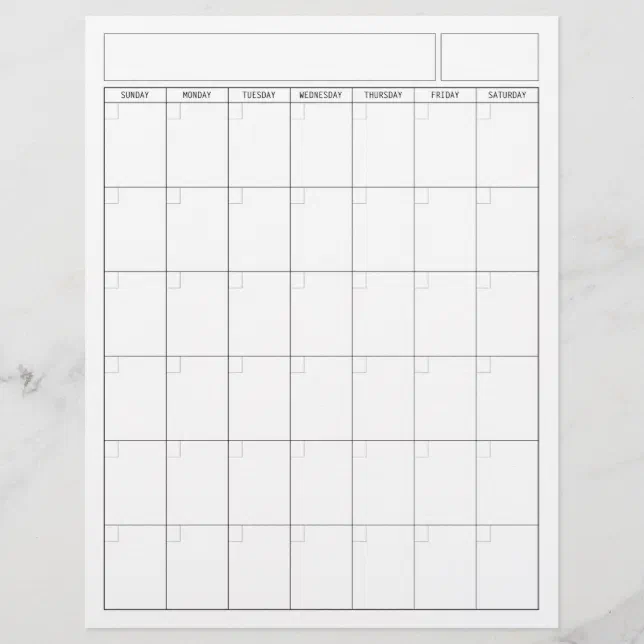 Blank Calendar Page - Sunday Start Portrait View | Zazzle