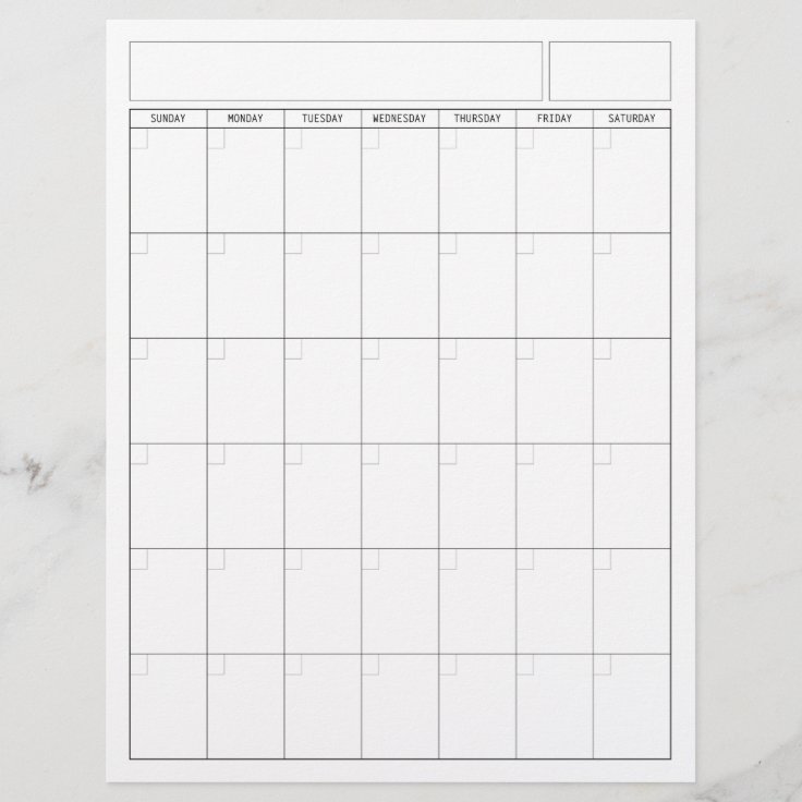 Blank Calendar Page - Sunday Start Portrait View | Zazzle