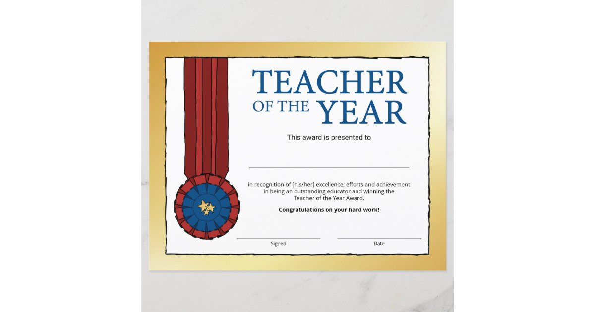 Blank Gold Teacher of the Year Certificate Award | Zazzle