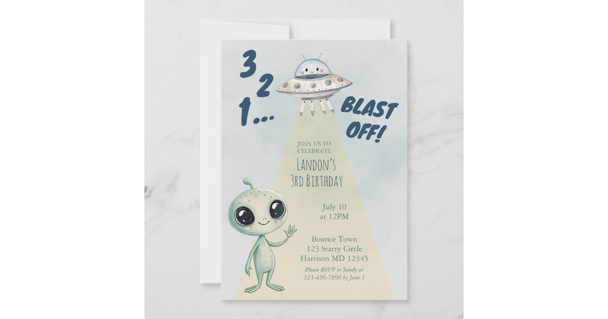 Blast Off Alien Boys Third Birthday Invitation | Zazzle