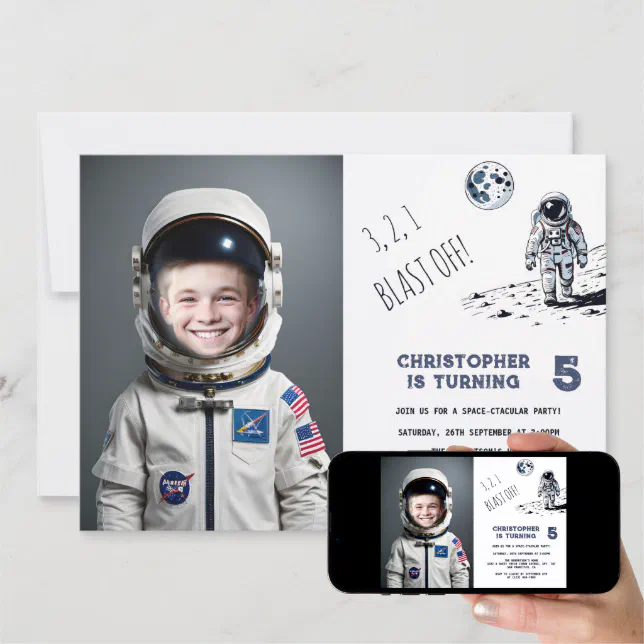Blast Off Astronaut Costume Photo Birthday Invitation | Zazzle