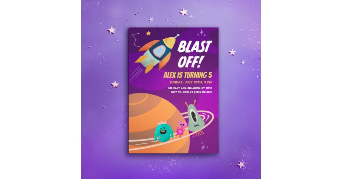 Blast Off Outer Space Kids Birthday Party Invites | Zazzle