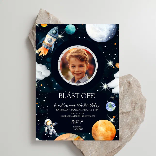 Blast Off Outer Space Photo Birthday Invitation | Zazzle