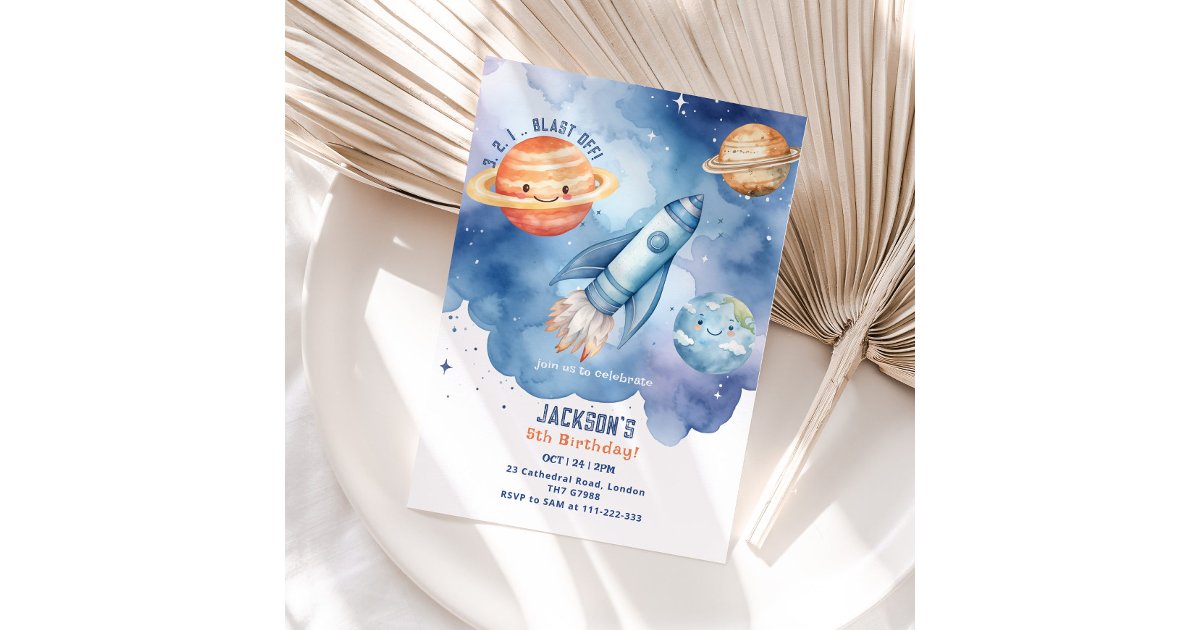 Blast Off Outer Space planets Birthday party Invitation | Zazzle