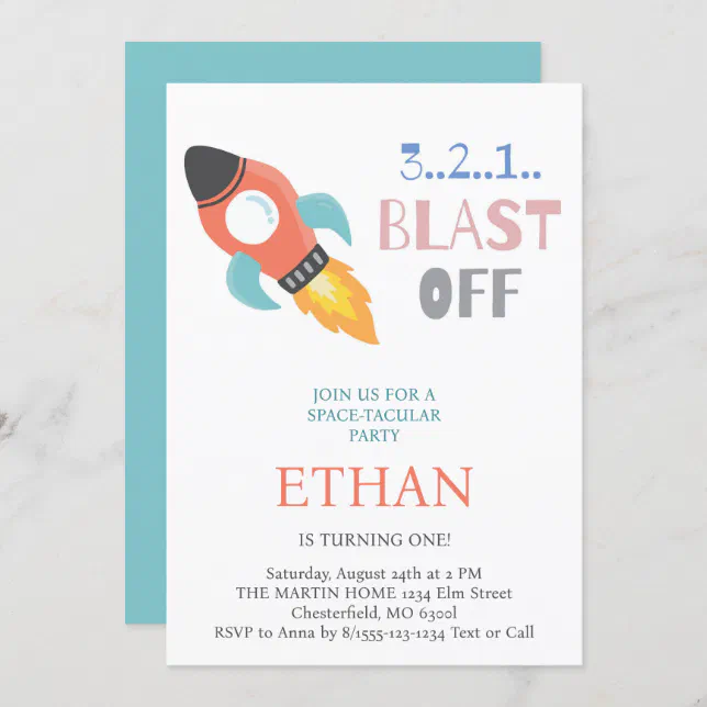 Blast Off Outer Space Rocket Ship Birthday Invitation Zazzle