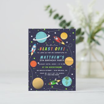 Blast Off! Outer Space Rocket Ship Birthday Party Invitation Postcard ...