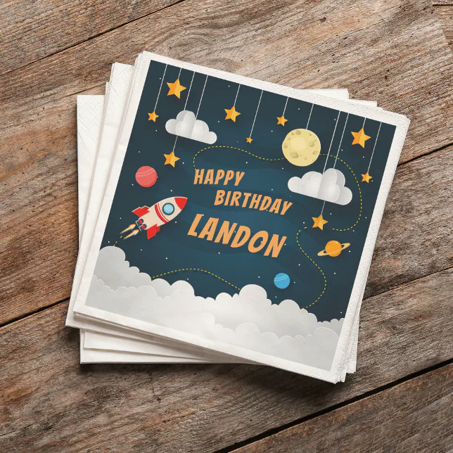 Blast Off Personalized Space Theme Birthday Party Napkins | Zazzle