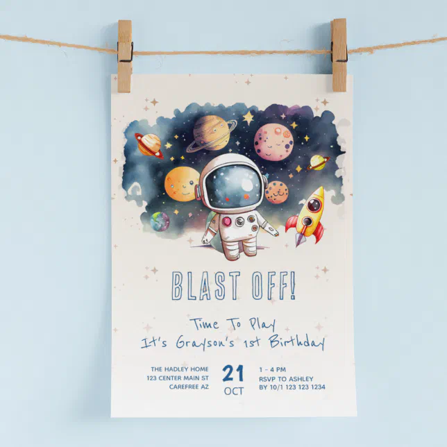 Blast Off Rocket Ship 1st Birthday Invitation | Zazzle