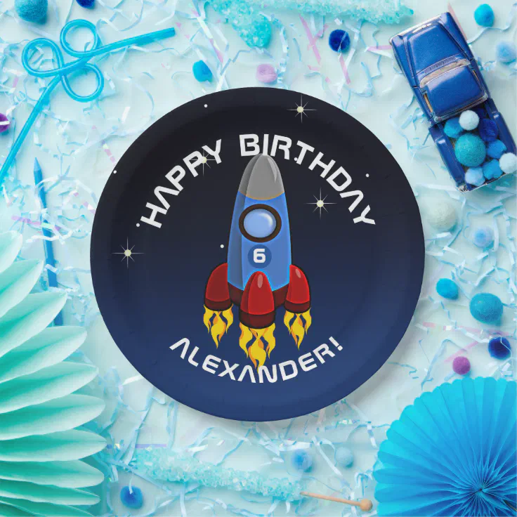 Blast Off Rocket Ship Birthday Party Paper Plates | Zazzle