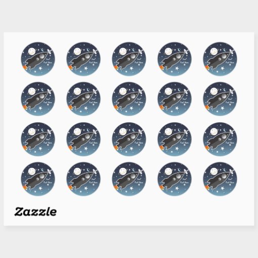 Blast Off Rocket Ship Space Birthday Party Classic Round Sticker | Zazzle