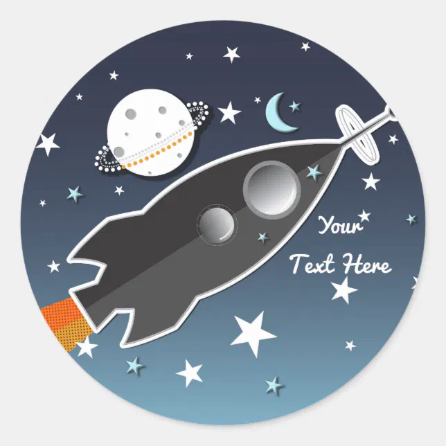 Blast Off Rocket Ship Space Birthday Party Classic Round Sticker | Zazzle