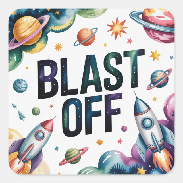 Blast Off Space Boy Astronaut Birthday Party Square Sticker | Zazzle