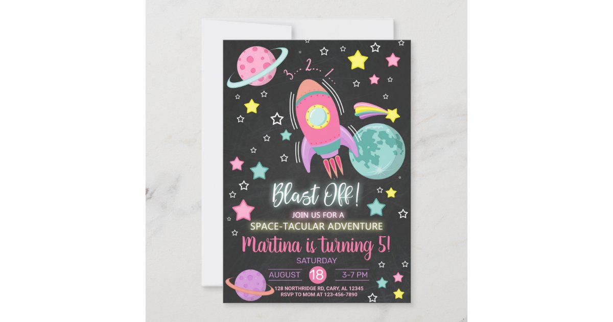 Blast off, space-tacular girl birthday invitation. invitation | Zazzle