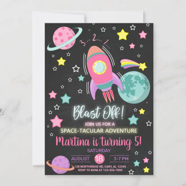 Blast off, space-tacular girl birthday invitation. invitation | Zazzle