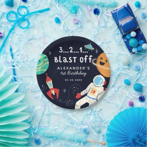 Blast Off Space Theme Birthday Party Paper Plates | Zazzle