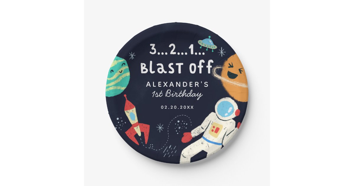 Blast Off Space Theme Birthday Party Paper Plates | Zazzle