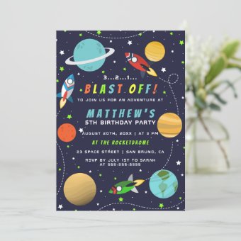Blast Off! Space Themed Birthday Party Invitation | Zazzle