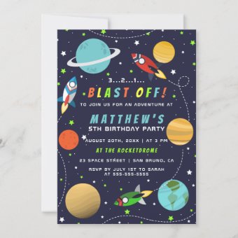 Blast Off! Space Themed Birthday Party Invitation | Zazzle