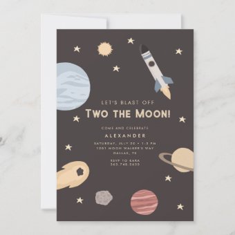 Blast Off Two the Moon Kids Space Birthday Invitation | Zazzle