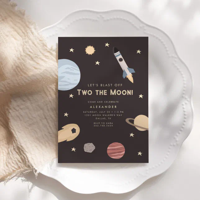 Blast Off Two the Moon Kids Space Birthday Invitation | Zazzle