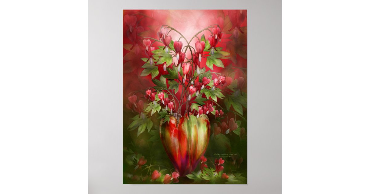 Bleeding Hearts In Heart Vase Art Poster/Print Poster | Zazzle