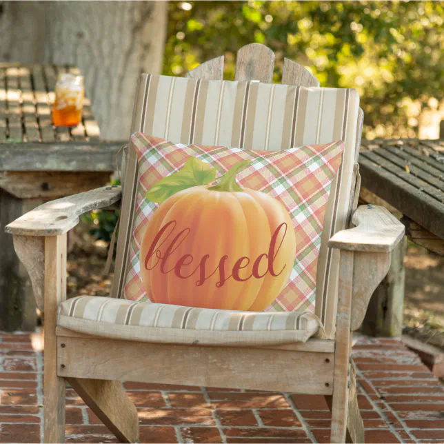 Blessed Autumn Harvest Pumpkin On Gingham Outdoor Pillow | Zazzle