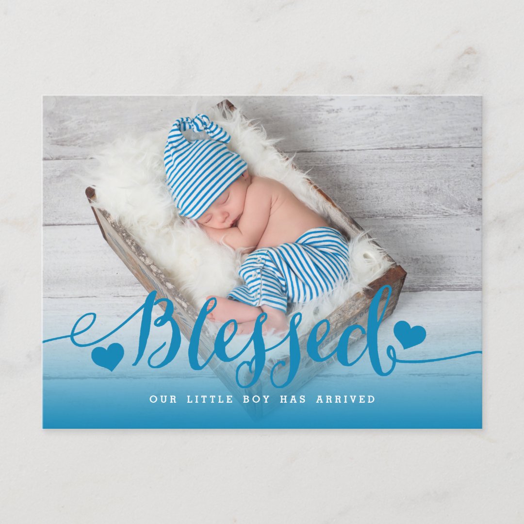 Blessed | Blue Baby Boy Photo Birth Announcement | Zazzle
