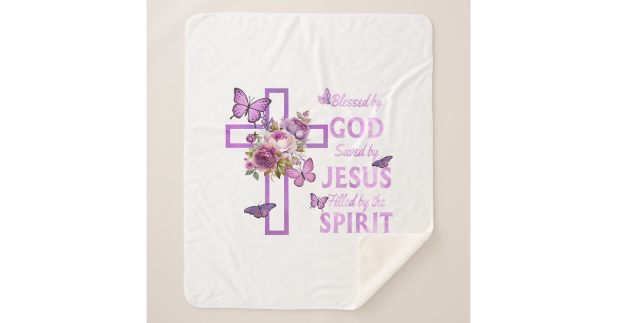 Blessed by God Saved by Jesus Purple Floral Cross Sherpa Blanket | Zazzle