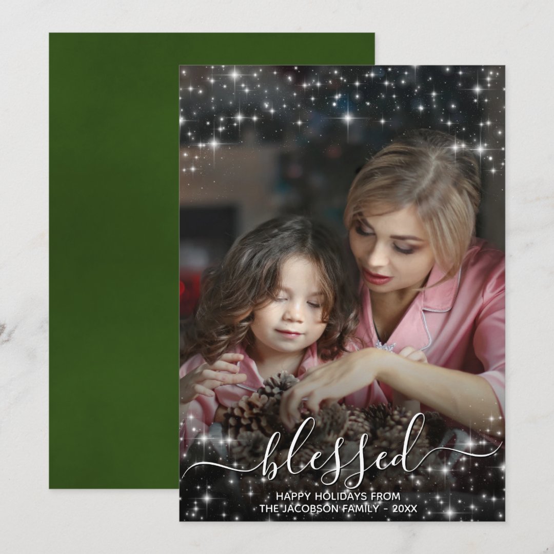 Blessed Full Photo with Sparkles Green Christmas Holiday Card | Zazzle