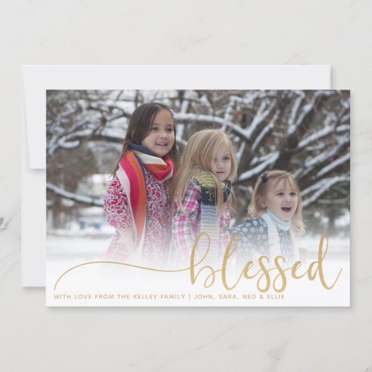 Blessed, Gold and White Large Photo Holiday Card | Zazzle
