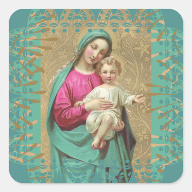 Blessed Mother Baby Jesus Decorative Lace Border Square Sticker | Zazzle