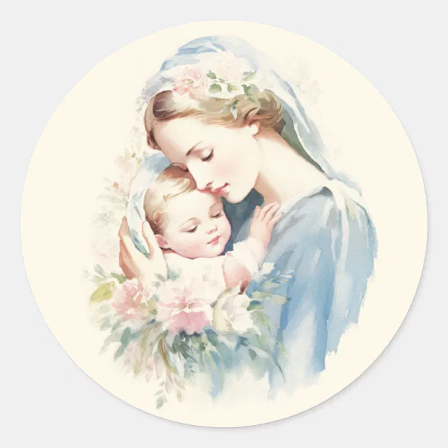 Blessed Mother Mary Baby Jesus Religious Pastel Classic Round Sticker ...