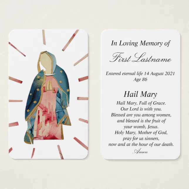 Blessed Mother Virgin Mary In Memory Prayer Card | Zazzle