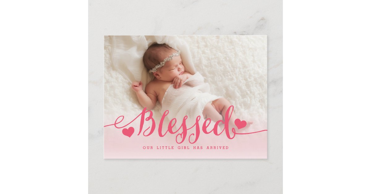 Blessed | Pink Baby Girl Birth Announcement | Zazzle